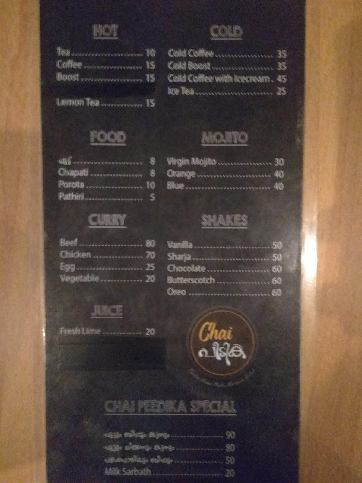 Menu at Chai peedika, Angamaly