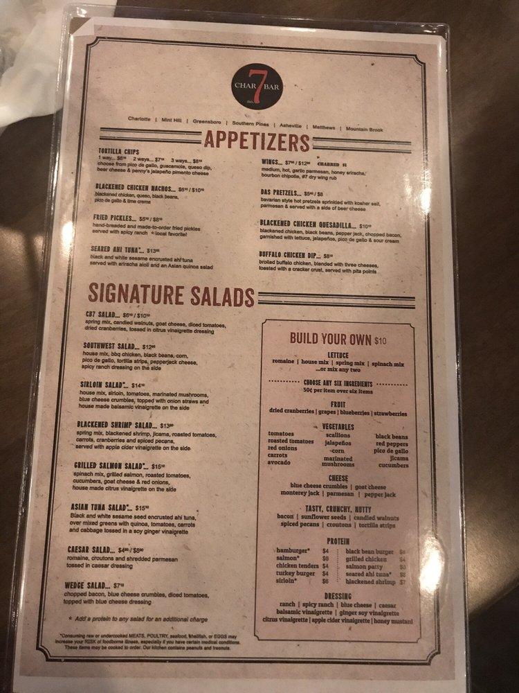 Menu at Charbar no. 7, Mint Hill
