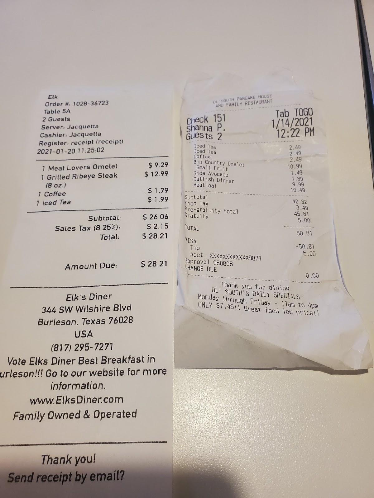 Menu at Elk's Diner restaurant, Burleson