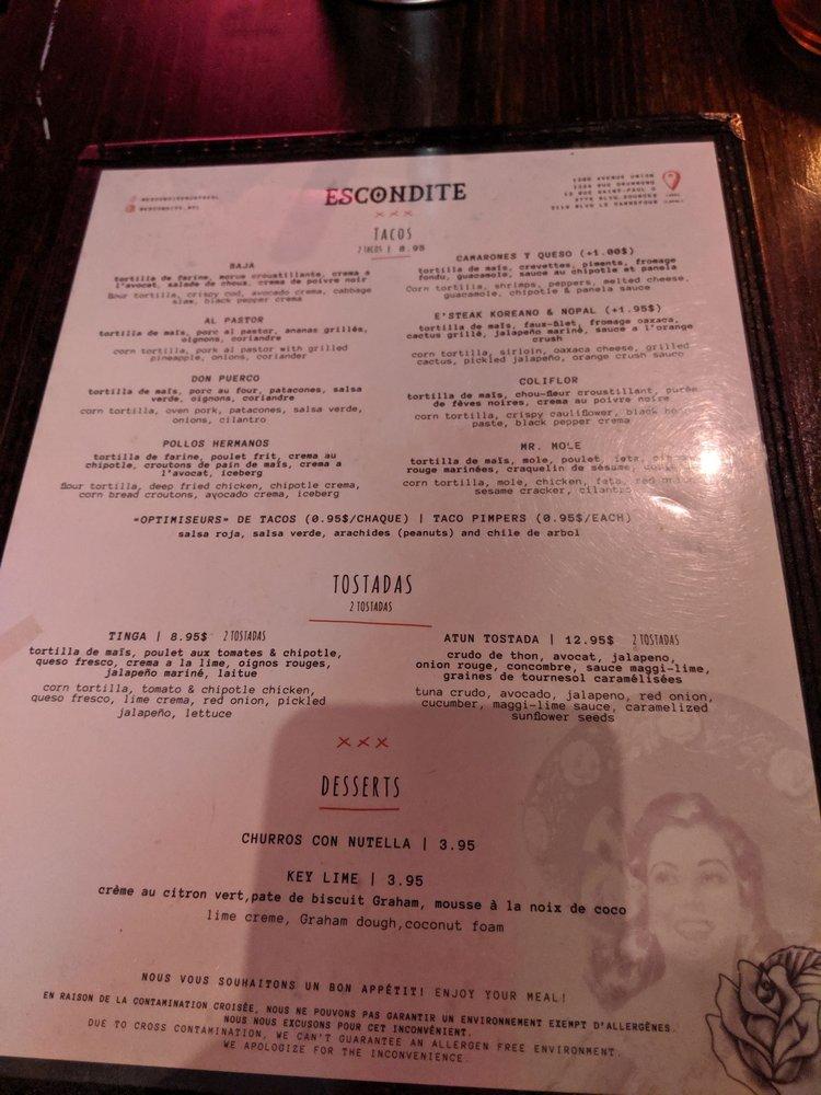 Menu at Escondite Vieux Port restaurant, Montréal, 12 Saint-Paul St W