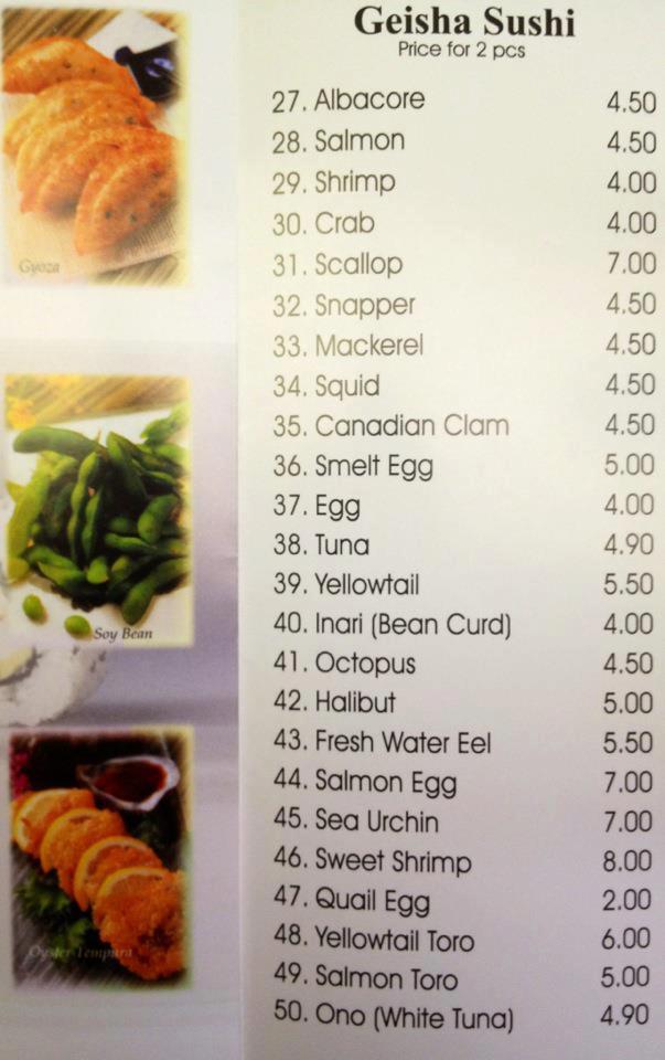 Menu at Geisha Sushi restaurant, River Edge