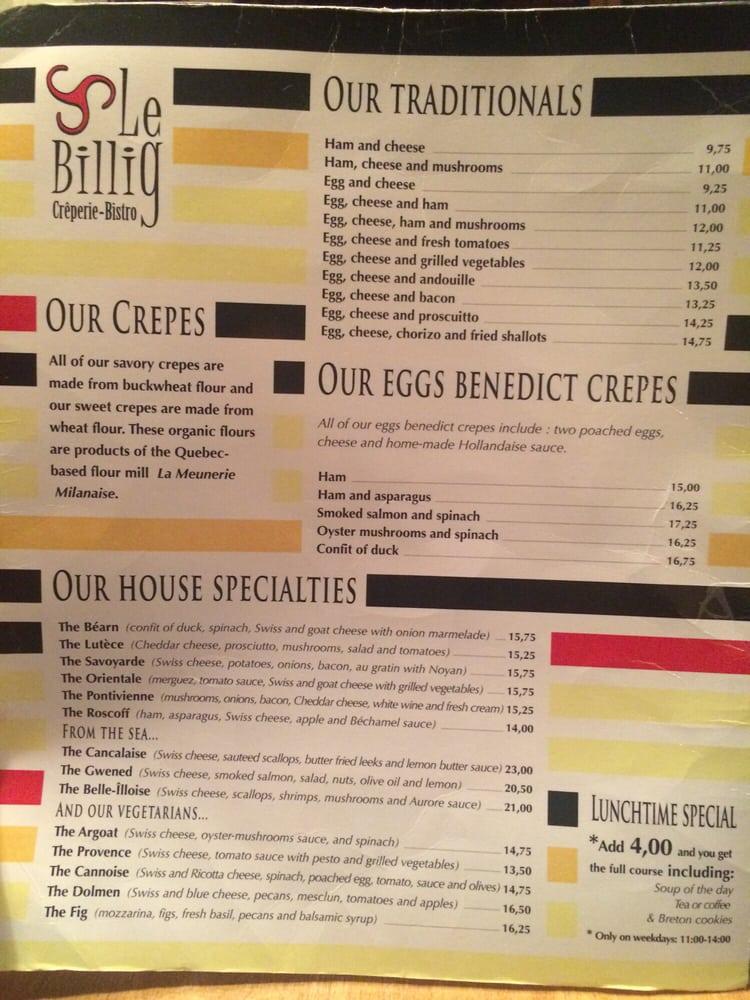 Menu at Le Billig restaurant, Québec City