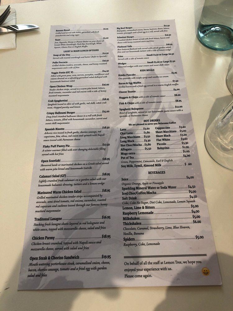 Menu at Lemon Tree Cafe, Shepparton