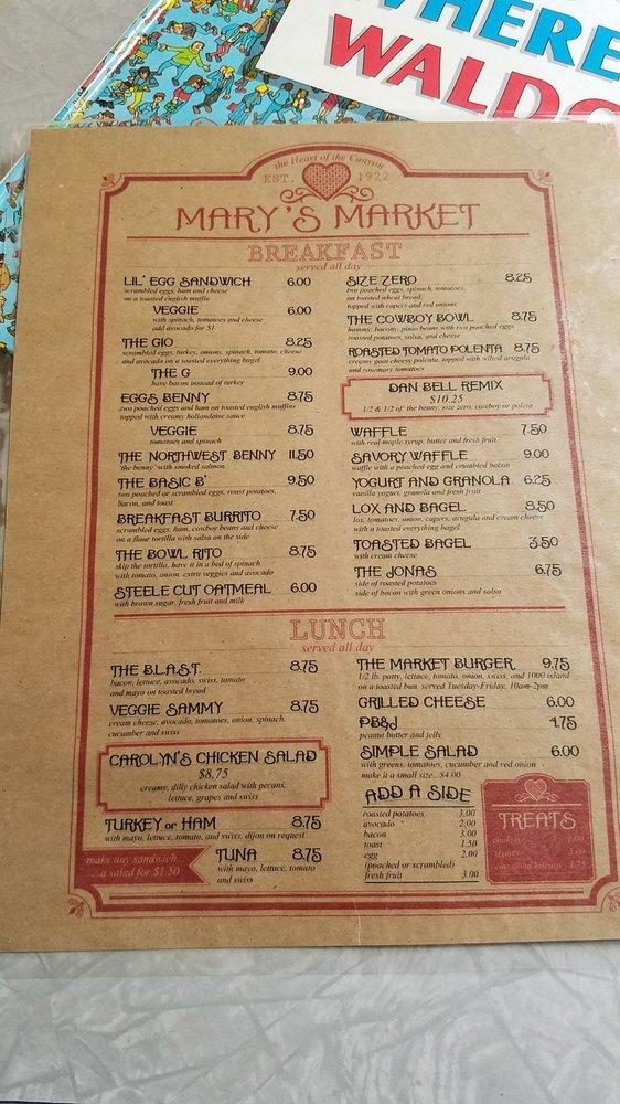 Menu at Mary's Market restaurant, Sierra Madre