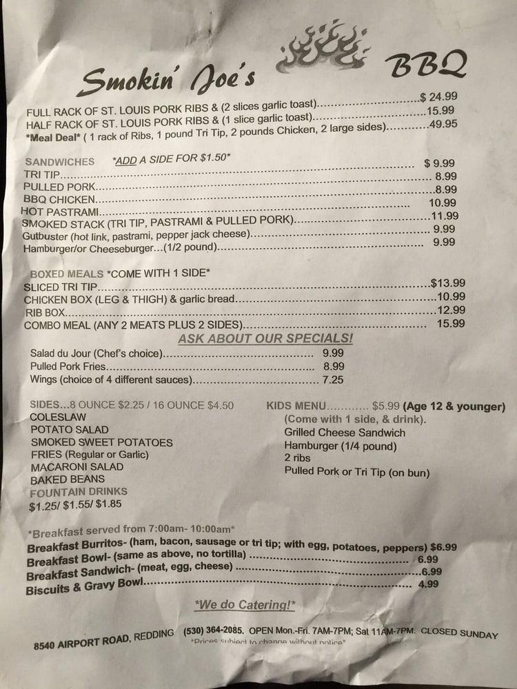 Carta de barbacoa Smokin' Joes, Redding