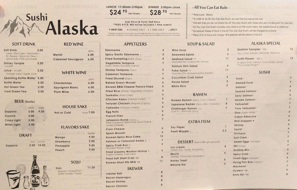 Menu at Sushi Alaska restaurant, Las Vegas