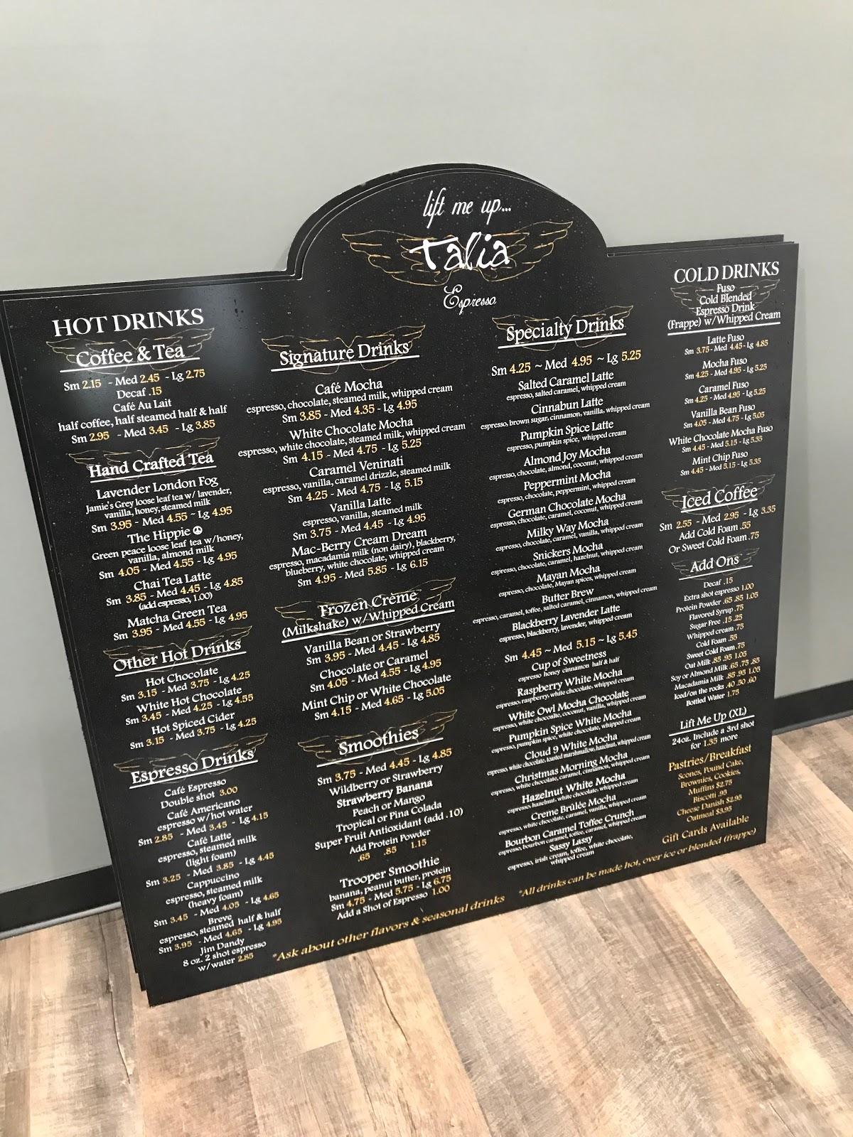 Menu at Talia Espresso Elkin Drive-Thru, Elkin