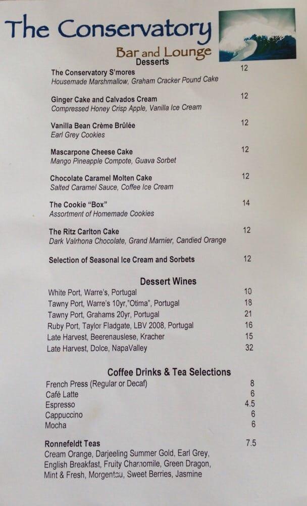 Menu at The Conservatory restaurant, Half Moon Bay