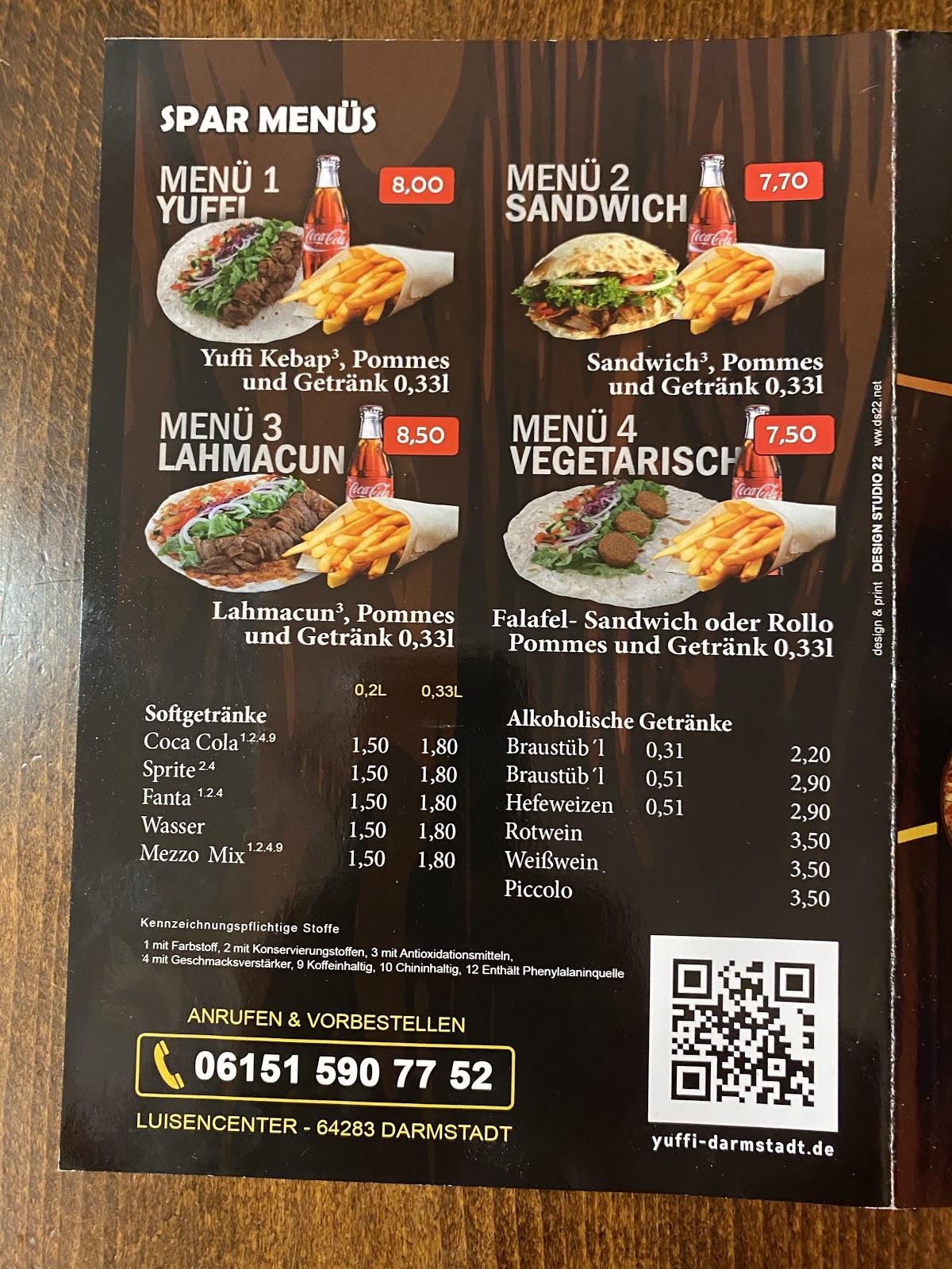 Menu at Yuffi Kebap restaurant, Darmstadt
