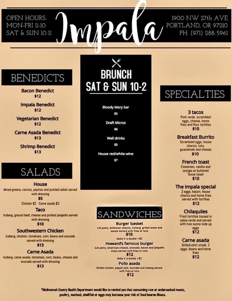 Menu at Impala Bar & Grill, Portland