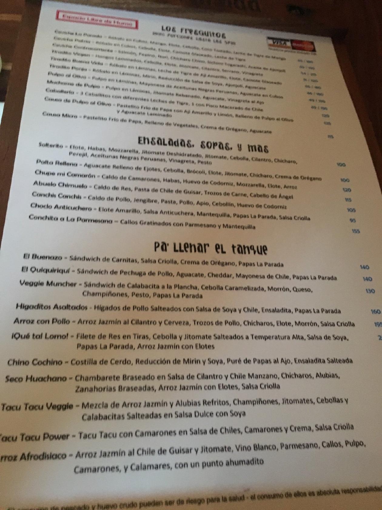 Menu at La Parada restaurant, San Miguel de Allende