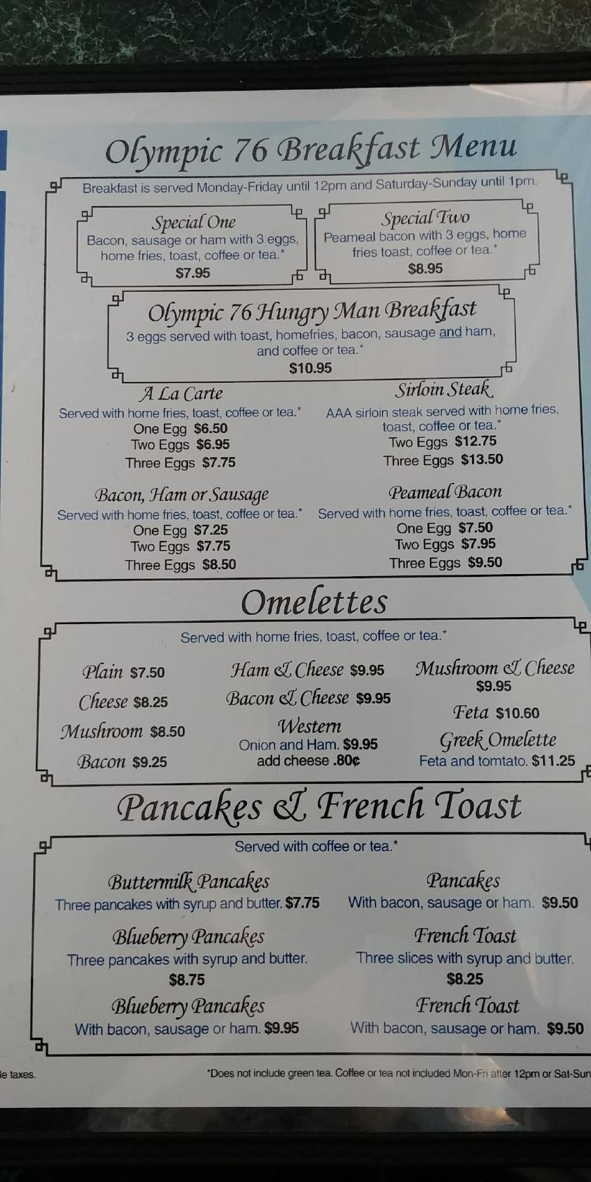 Menu at Olympic 76 Restaurant, Belleville