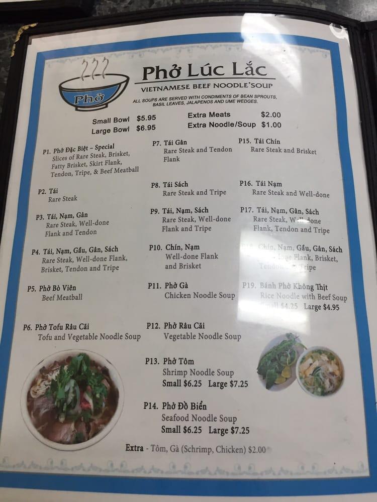 Menu at Phở Lúc Lắc restaurant, Houston