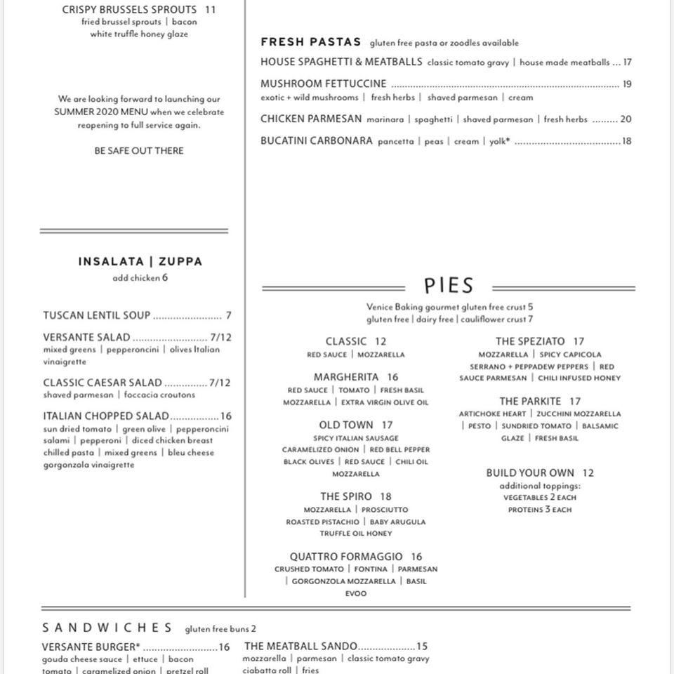 Menu at Versante Hearth + Bar, Park City