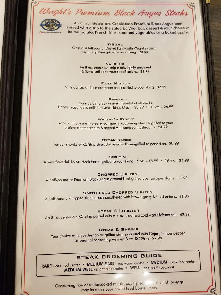 Menu at Wright's Family Steak House steakhouse, Duncan