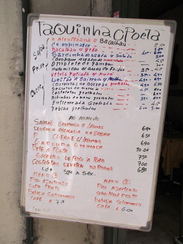 Menu at Alvario, O Poeta restaurant, Lisbon