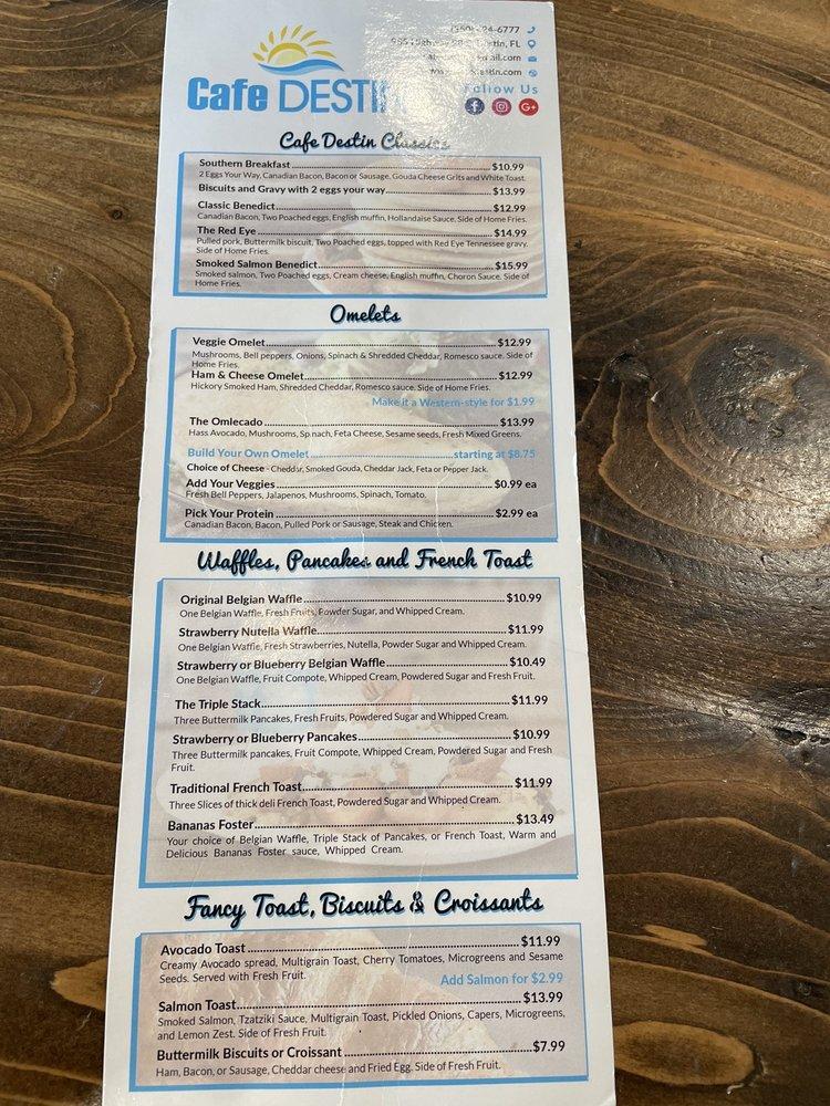Menu at Cafe Destin, Destin