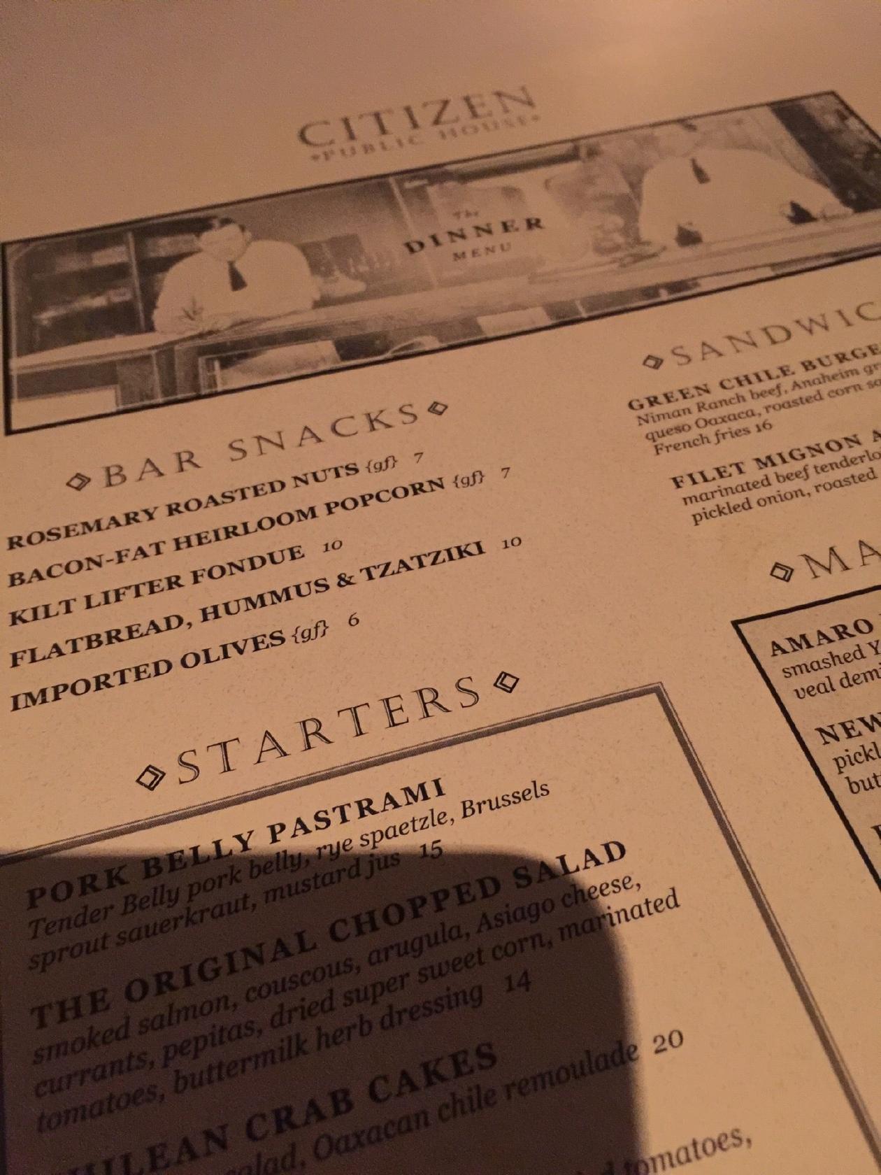 Menu at Citizen Public House, Scottsdale
