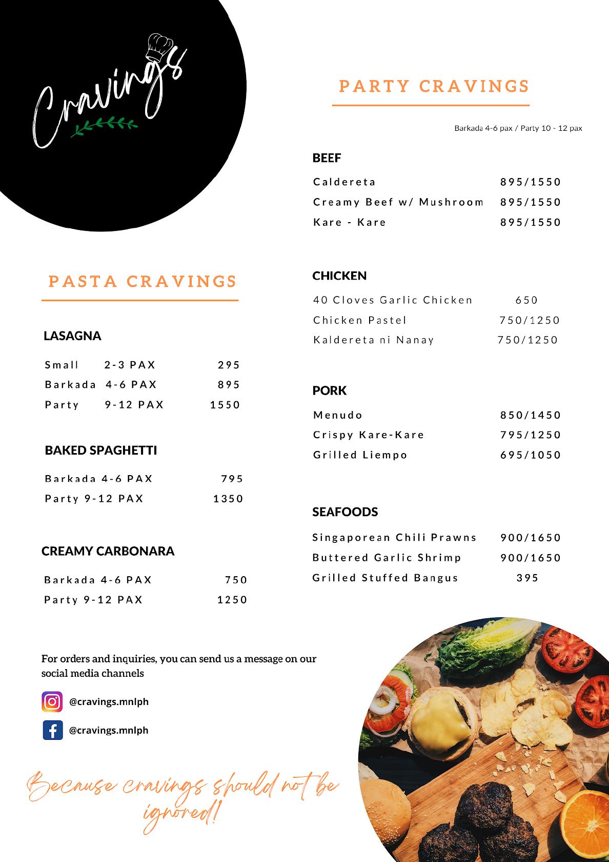 Menu at Cravings MnlPh restaurant, Taytay