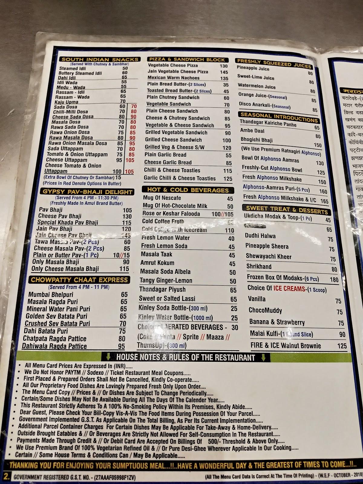 Menu at Gypsy CORNER, Mumbai