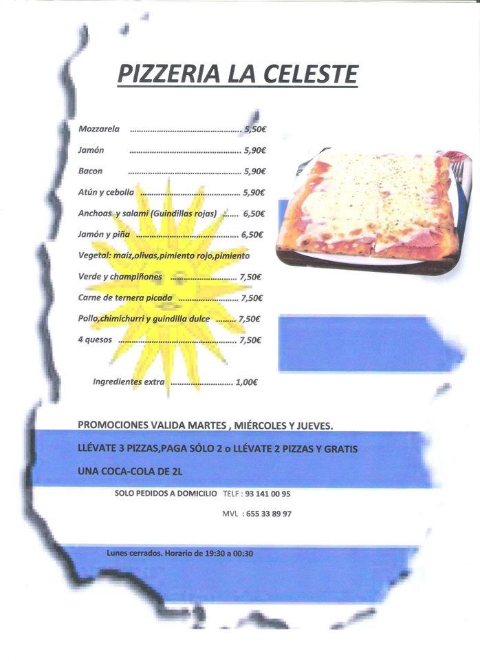 Menu at Pizzeria la celeste, Barcelona