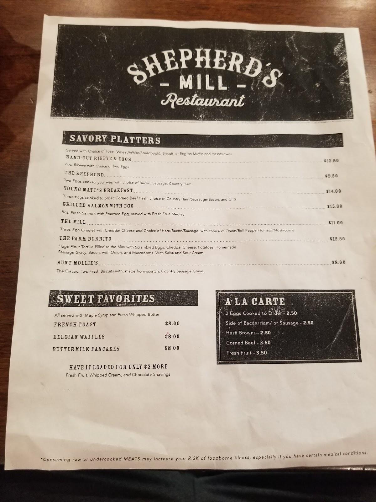 Menu at Shepherd’s Mill Restaurant, Branson