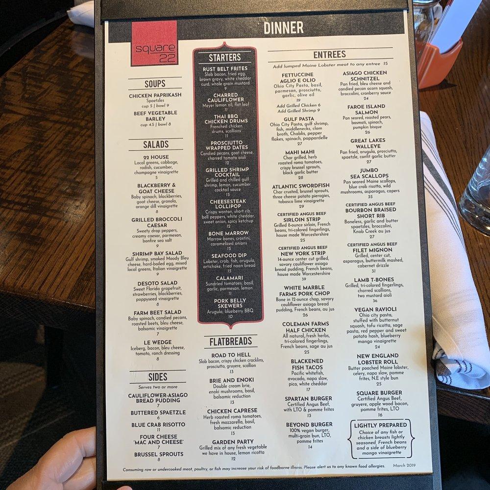 Menu at Square 22 Restaurant and Bar, Strongsville