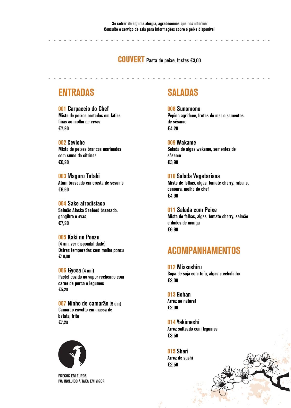 Menu at Yasuke restaurant, Caldas da Rainha