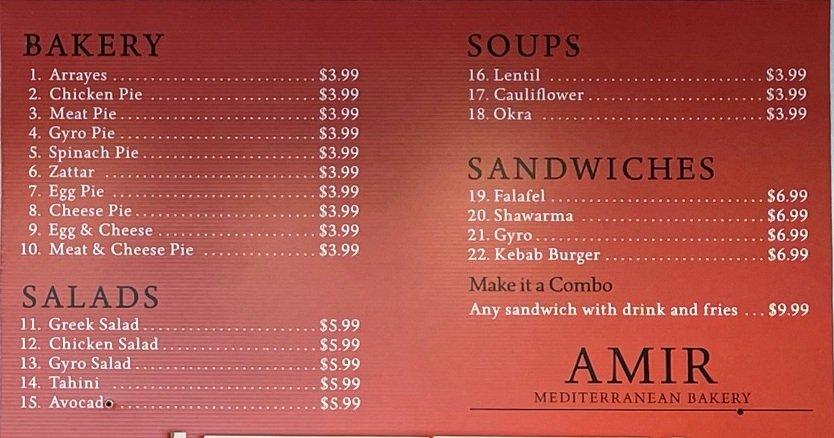 Menu at Amir Mediterranean Grill & bakery, Overland Park