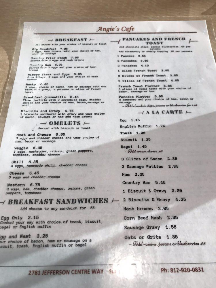 Menu at Angie’s Cafe, Jeffersonville