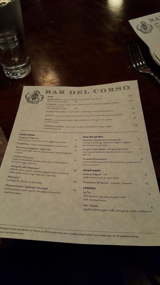 Menu at Bar del Corso, Seattle