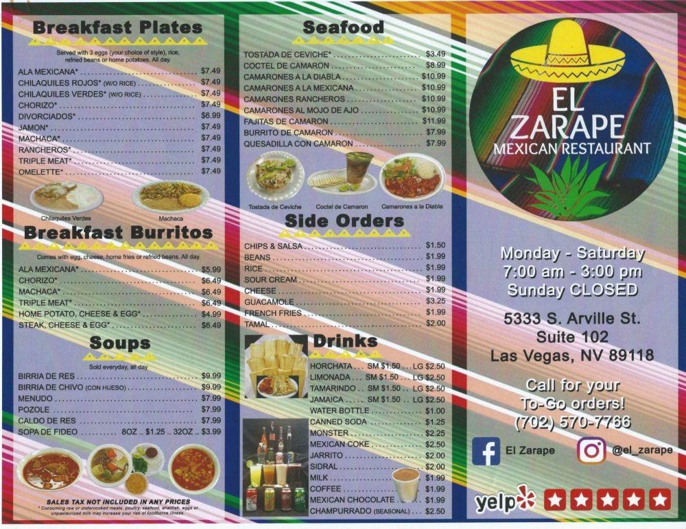 Menu at EL Zarape 1 (Arville) restaurant, Las Vegas