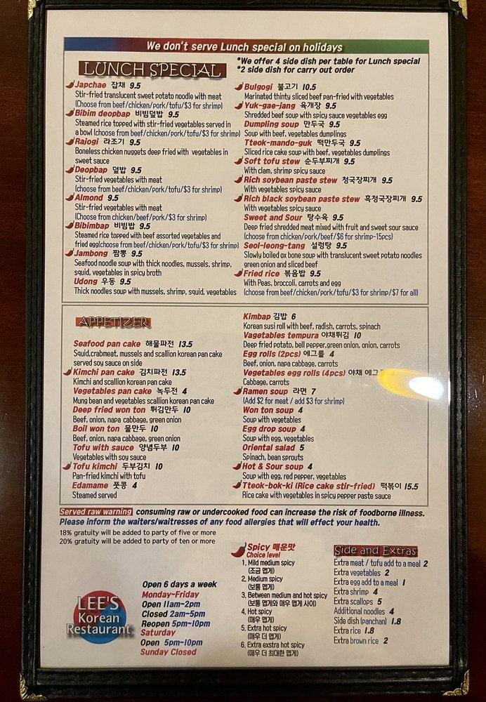 Menu at Lee's Korean Restaurant, Louisville