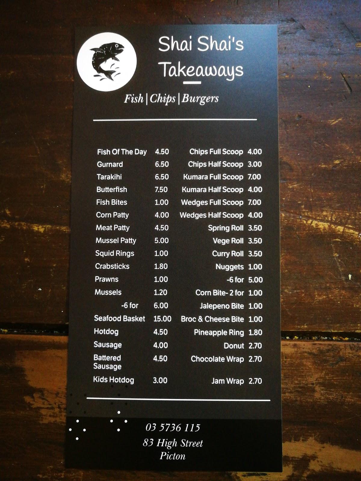 Menu at Shai Shai’s Takeaways fast food, Picton
