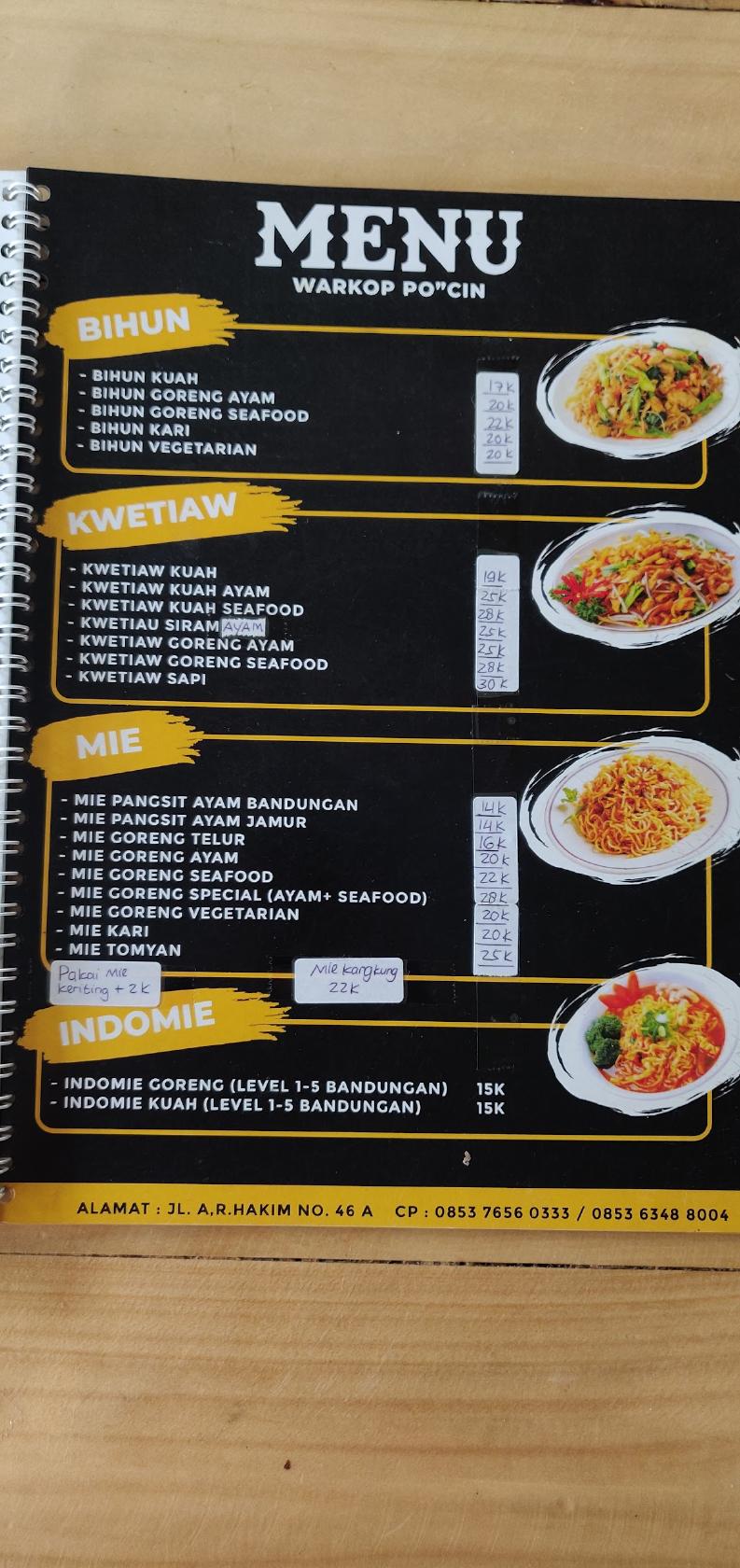 Carta del restaurante Warkop Popo Cin, Padang