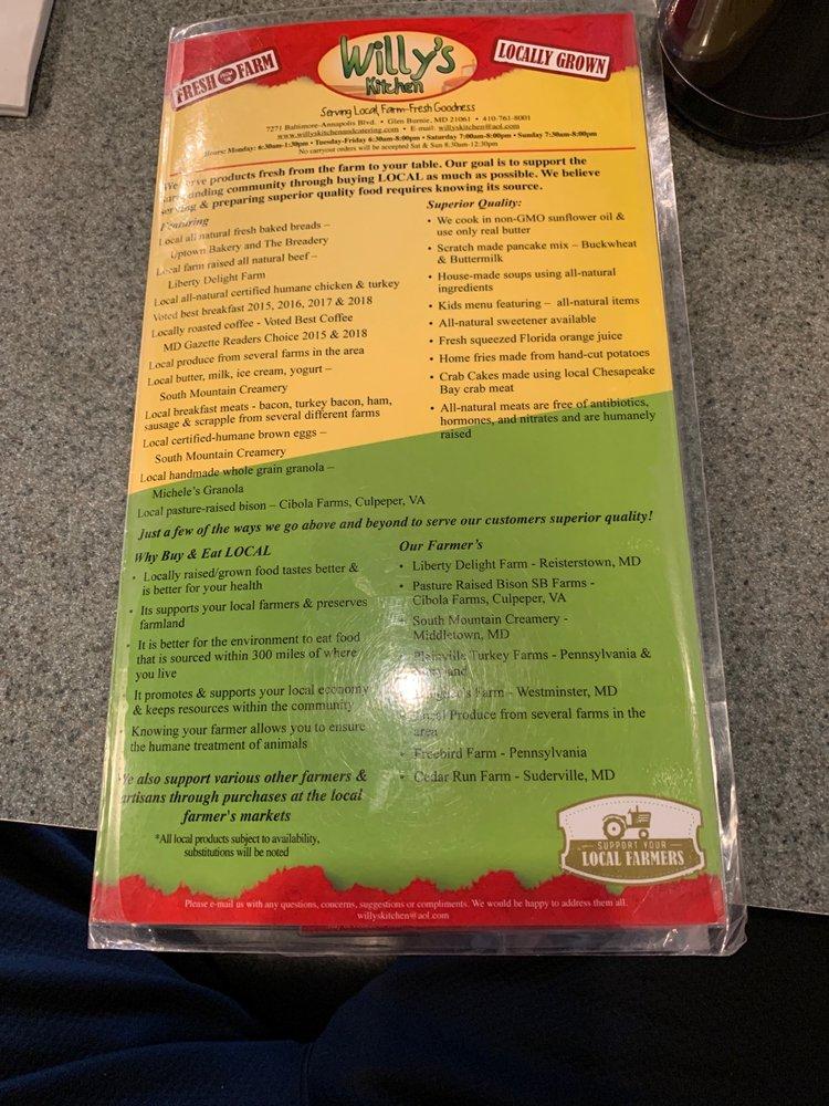 Menu at Willy's Kitchen restaurant, Glen Burnie
