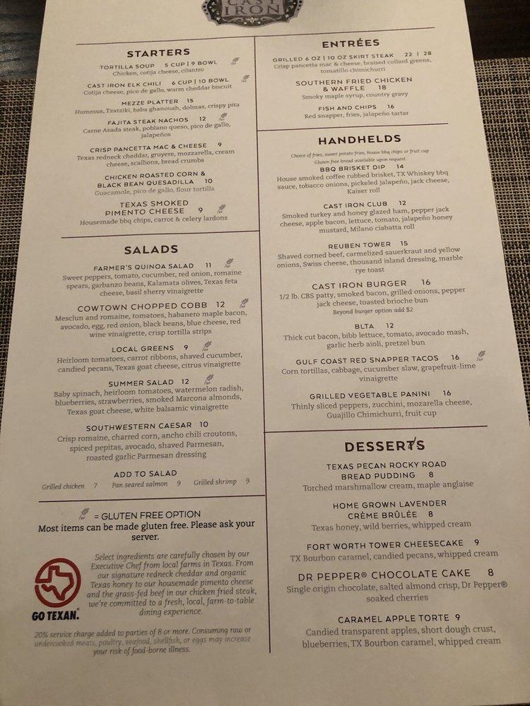 Menu at Cast Iron Restaurant, Fort Worth