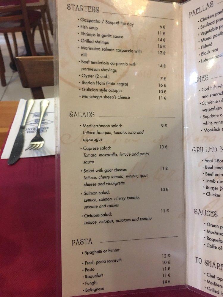 Menu at Catalonia Restaurant, Barcelona