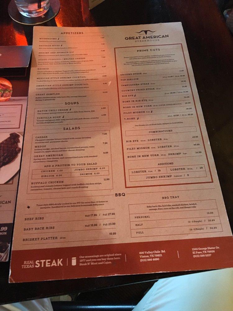 Menu at Great American Steakhouse, Anthony, 600 Valley Chili Rd