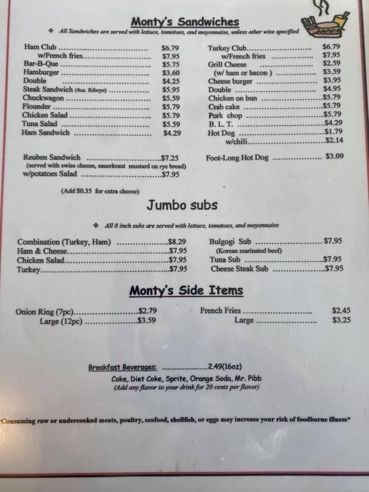 Menu at Monty's Penguin restaurant, Newport News