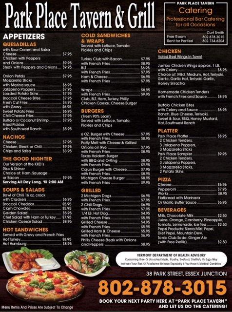 Menu at Park Place Tavern pub & bar, Essex