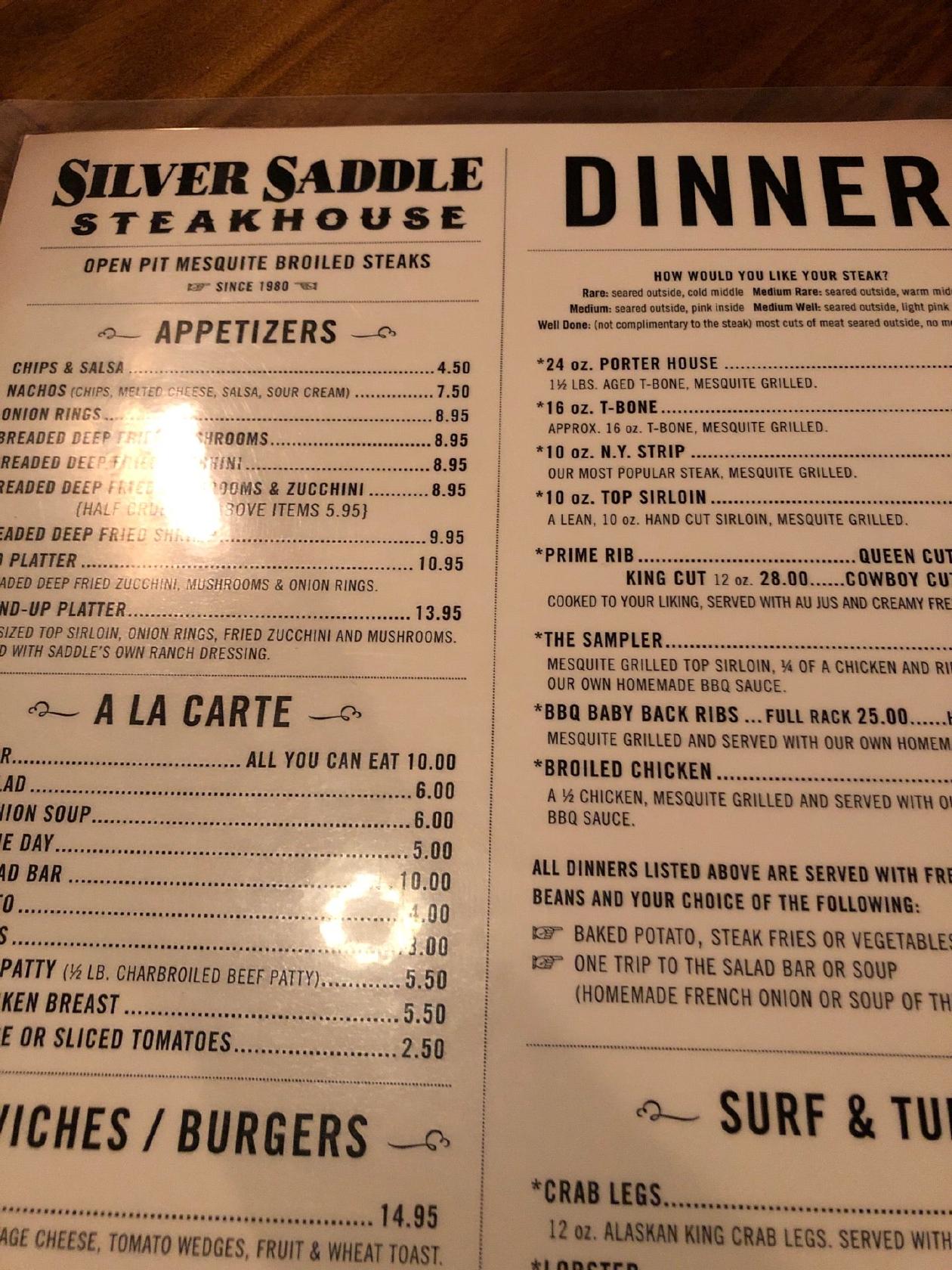 Menu at Silver Saddle Steakhouse, Tucson