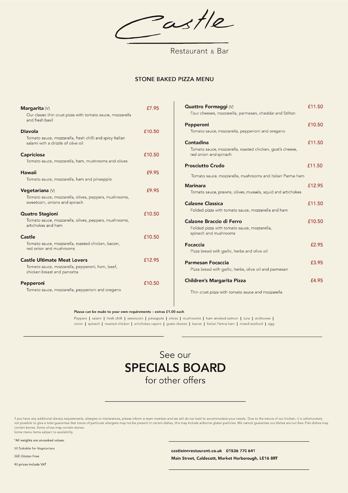 Menu at The Castle Inn restaurant, Caldecott