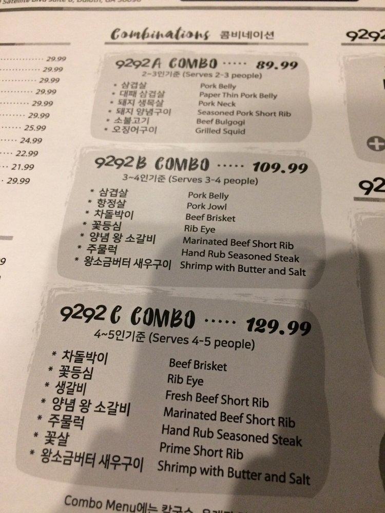 Menu at 9292 Korean BBQ, Duluth
