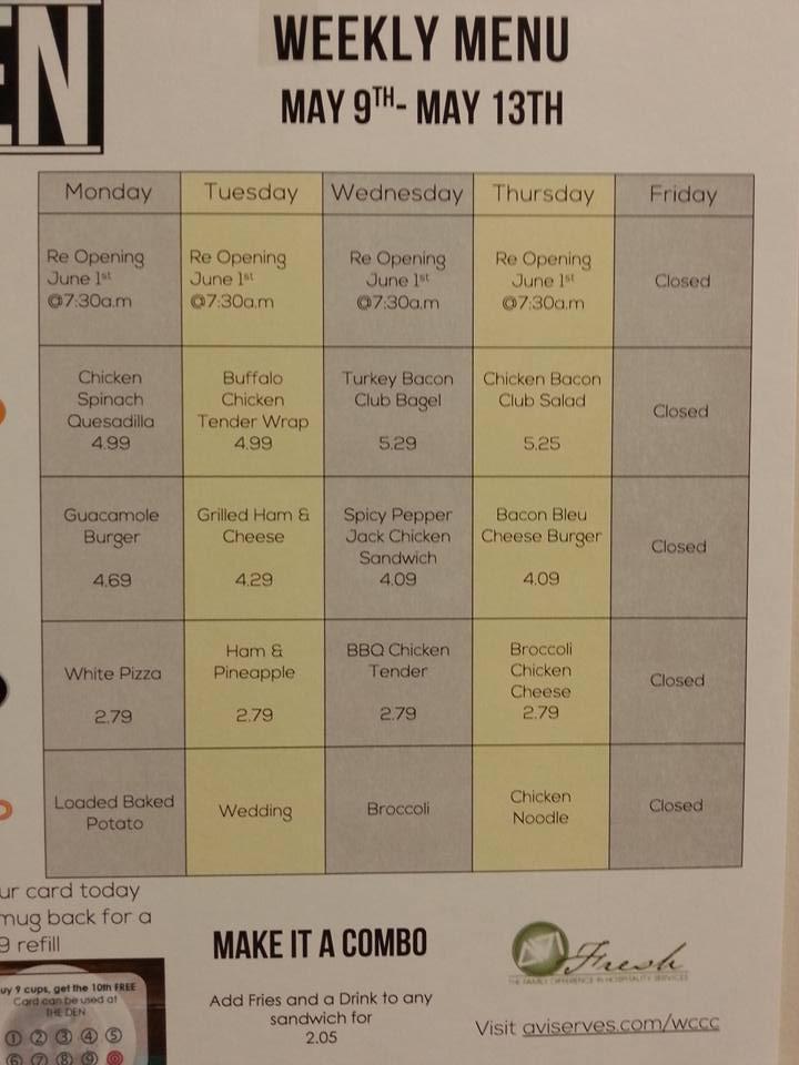 Menu at AVI Fresh at WCCC cafeteria, Youngwood