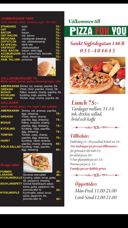 Menu at Pizza For You pizzeria, Gothenburg, S:t Sigfridsgatan 146
