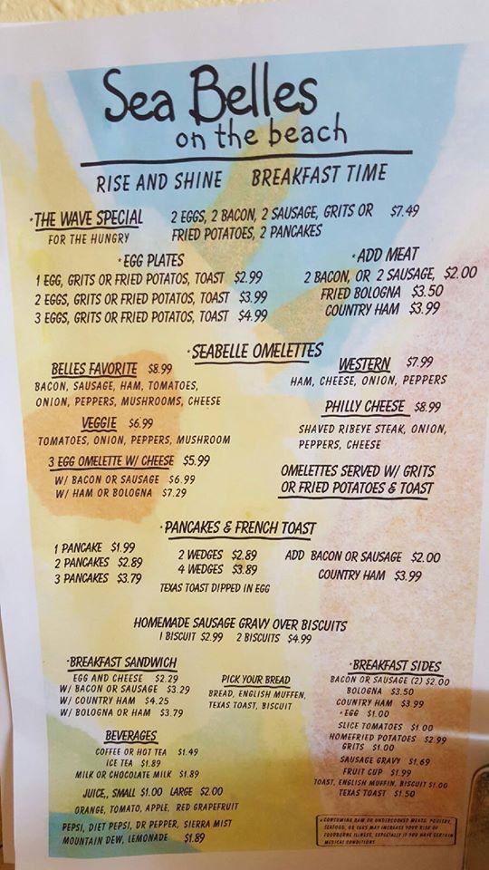 Menu at Sea Belles on the Beach restaurant, North Myrtle Beach