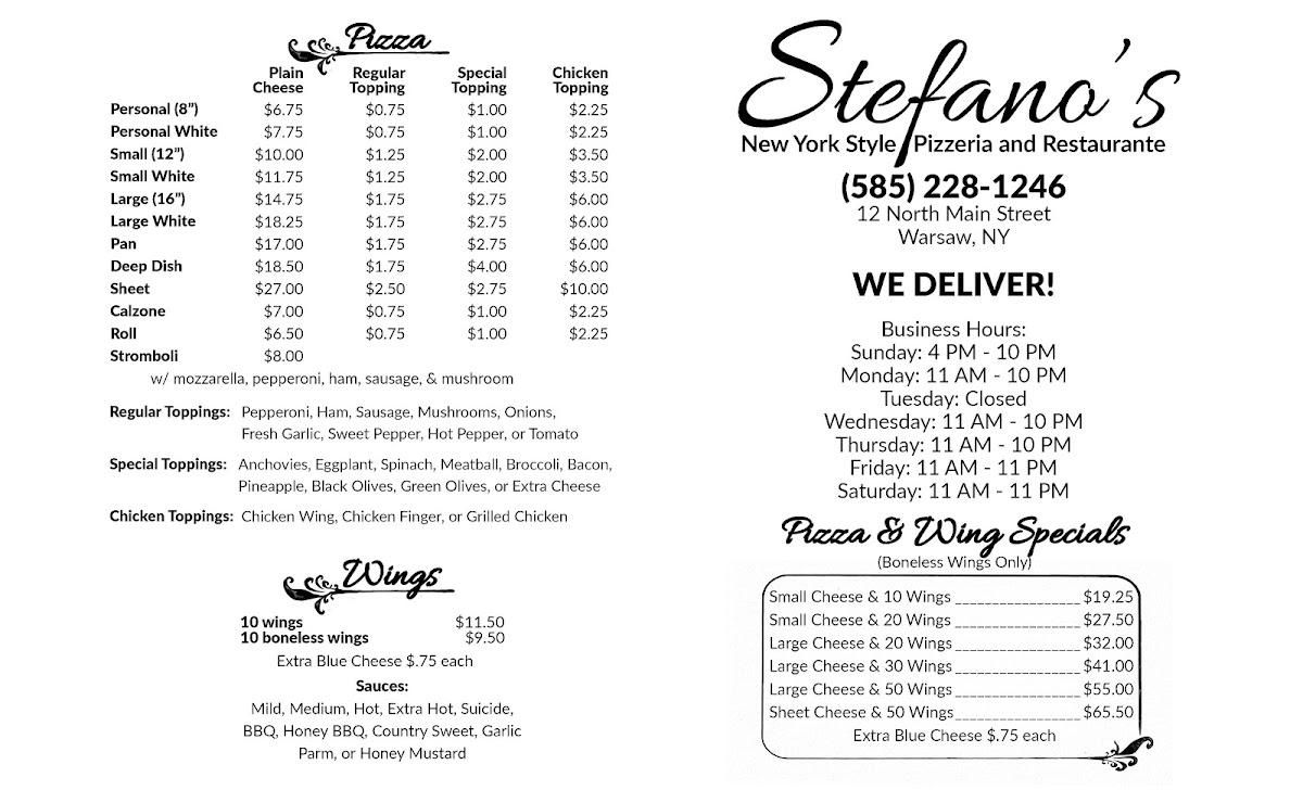 Menu at Stefano's Pizzeria (New York Style), Warsaw