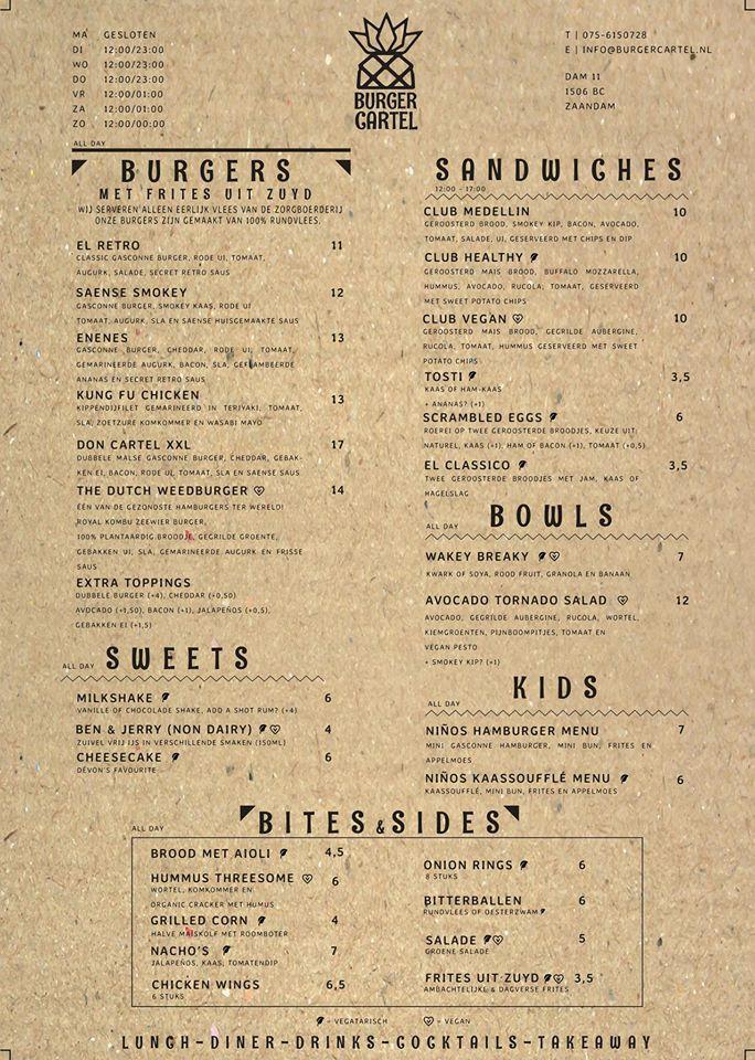 Menu at Cartel, Zaandam