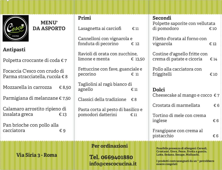 Menu at C'esco Cucina restaurant, Rome